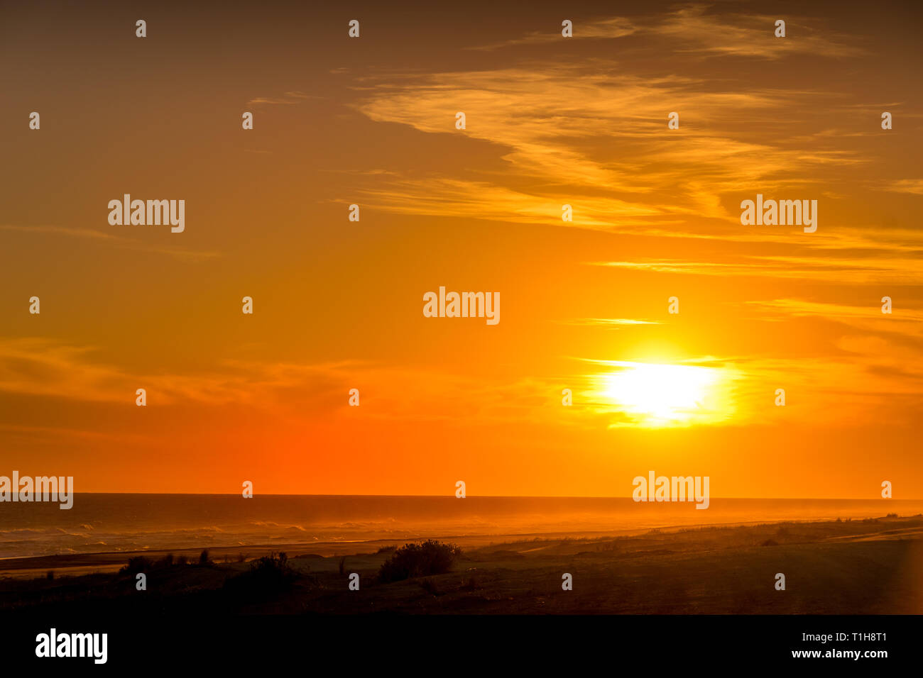 Golden sunset on the beach with the sun over the beach Stock Photo - Alamy