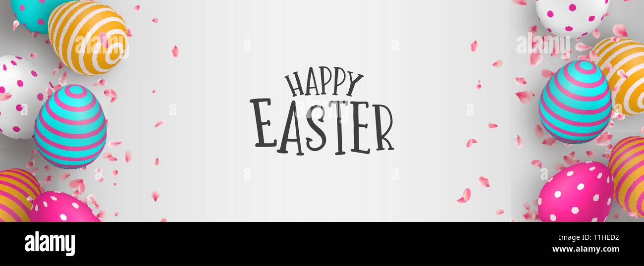 Happy Easter web banner illustration of colorful 3d eggs and spring ...