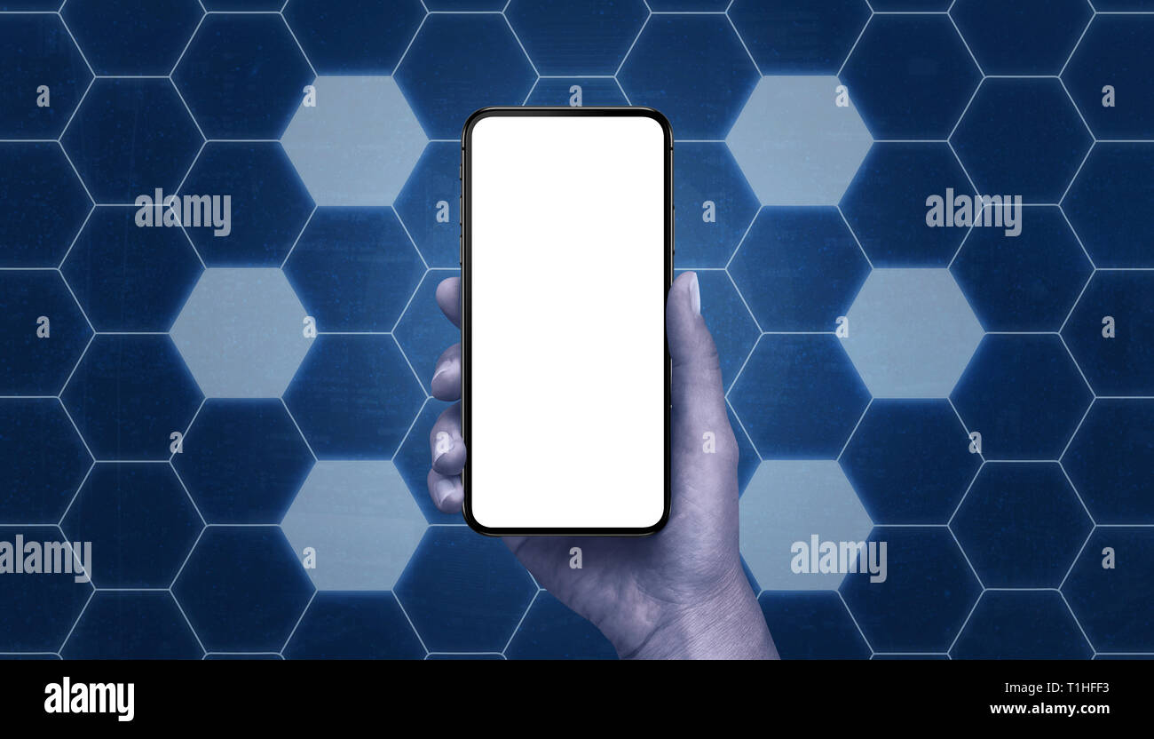 Phone mockup surrounded with hexagon shape network with free cells ...