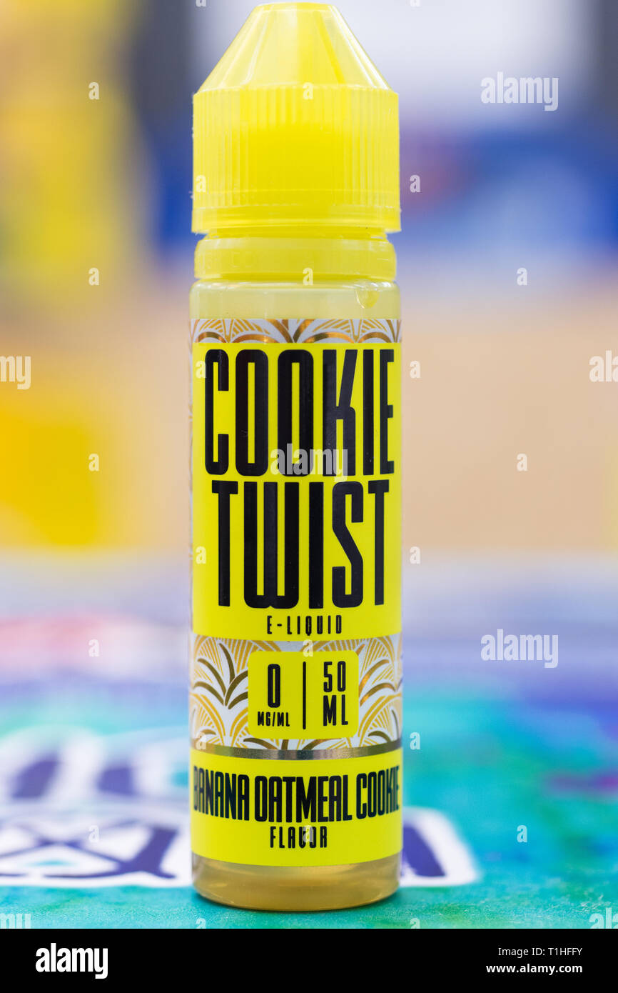 Sweet flavoured e-liquid on display inside a Scottish vape shop an ...