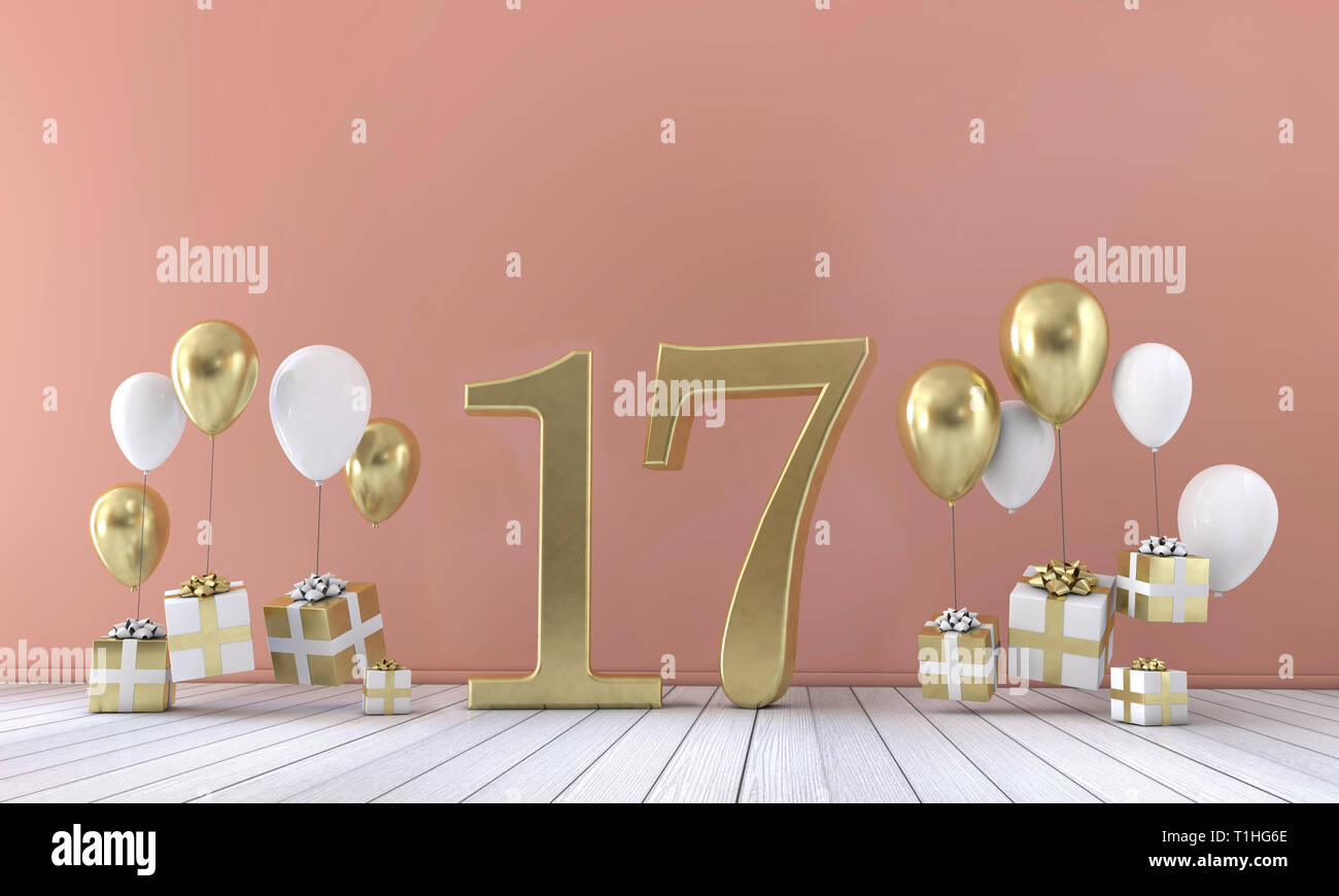 Number 17 birthday party composition with balloons and gift boxes. 3D ...