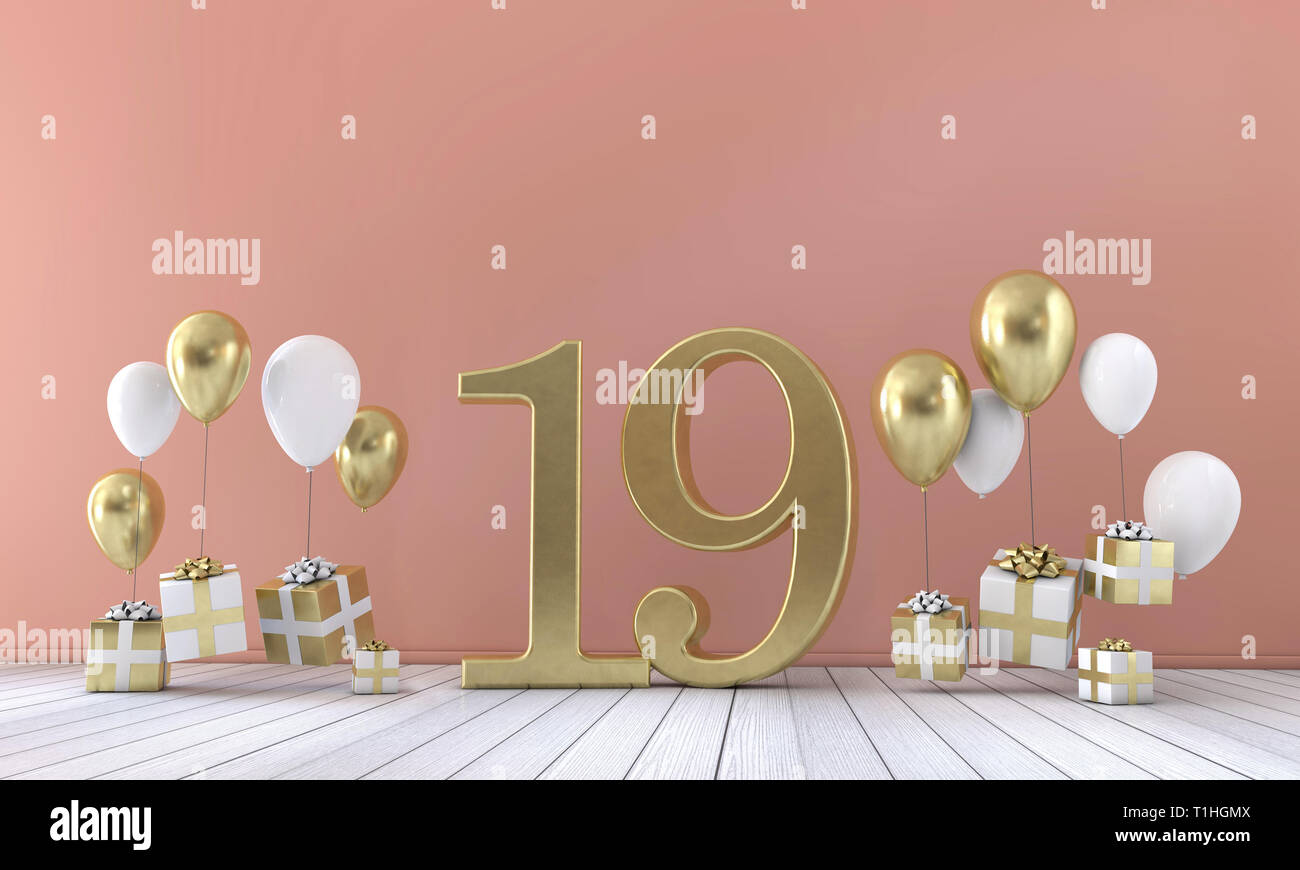 Number 19 birthday party composition with balloons and gift boxes. 3D ...