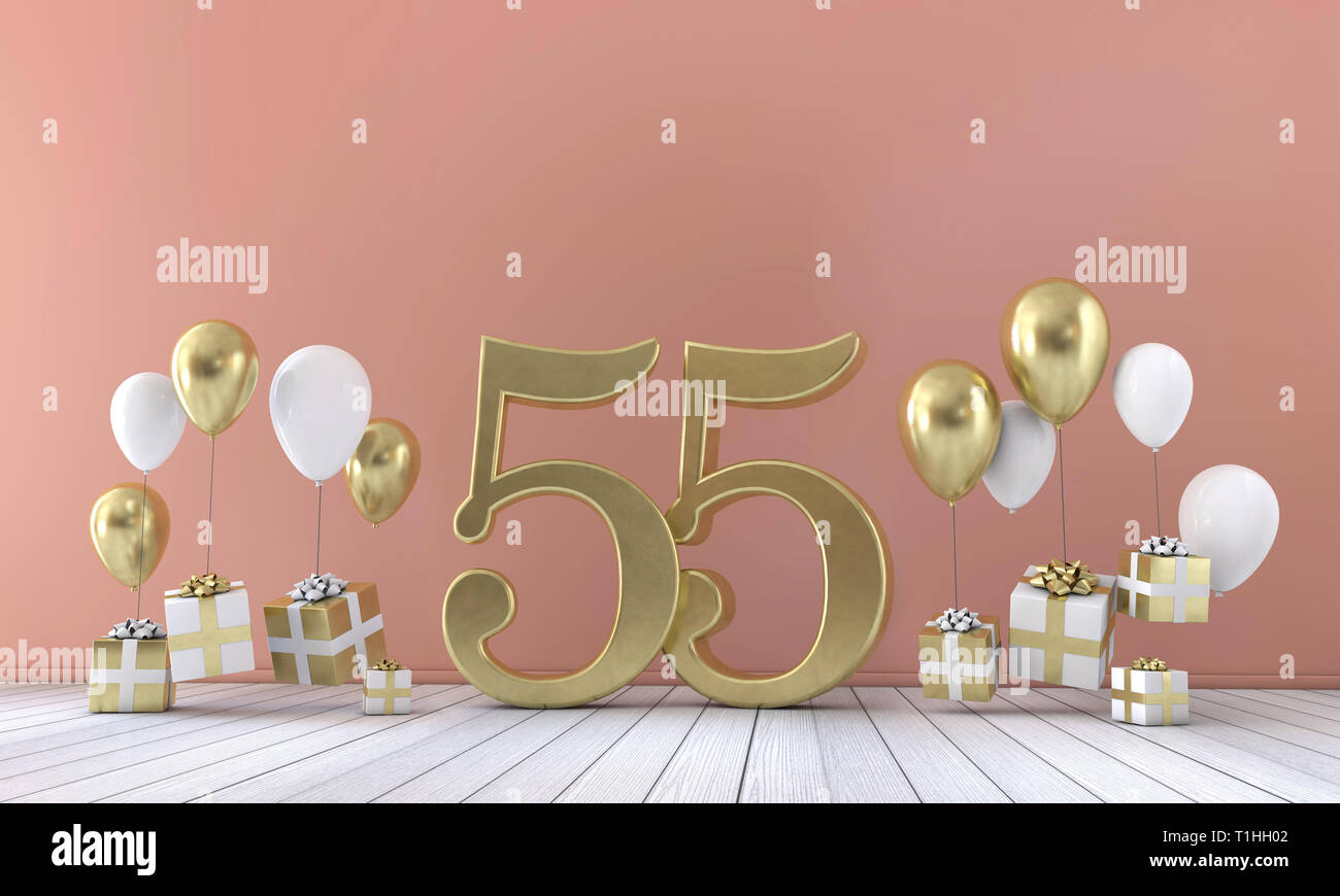 Number 55 birthday party composition with balloons and gift boxes. 3D ...