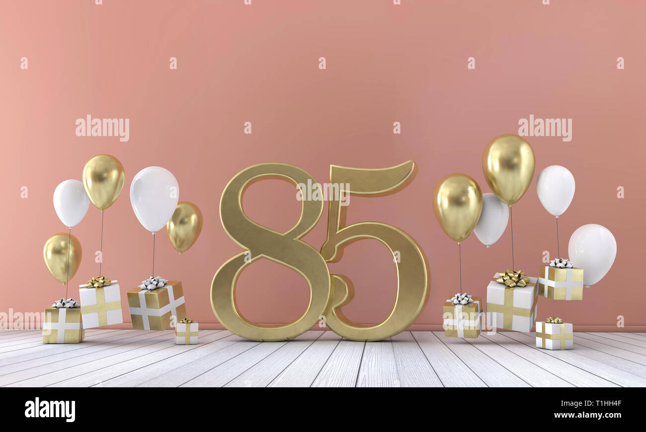 Number 85 birthday party composition with balloons and gift boxes. 3D ...