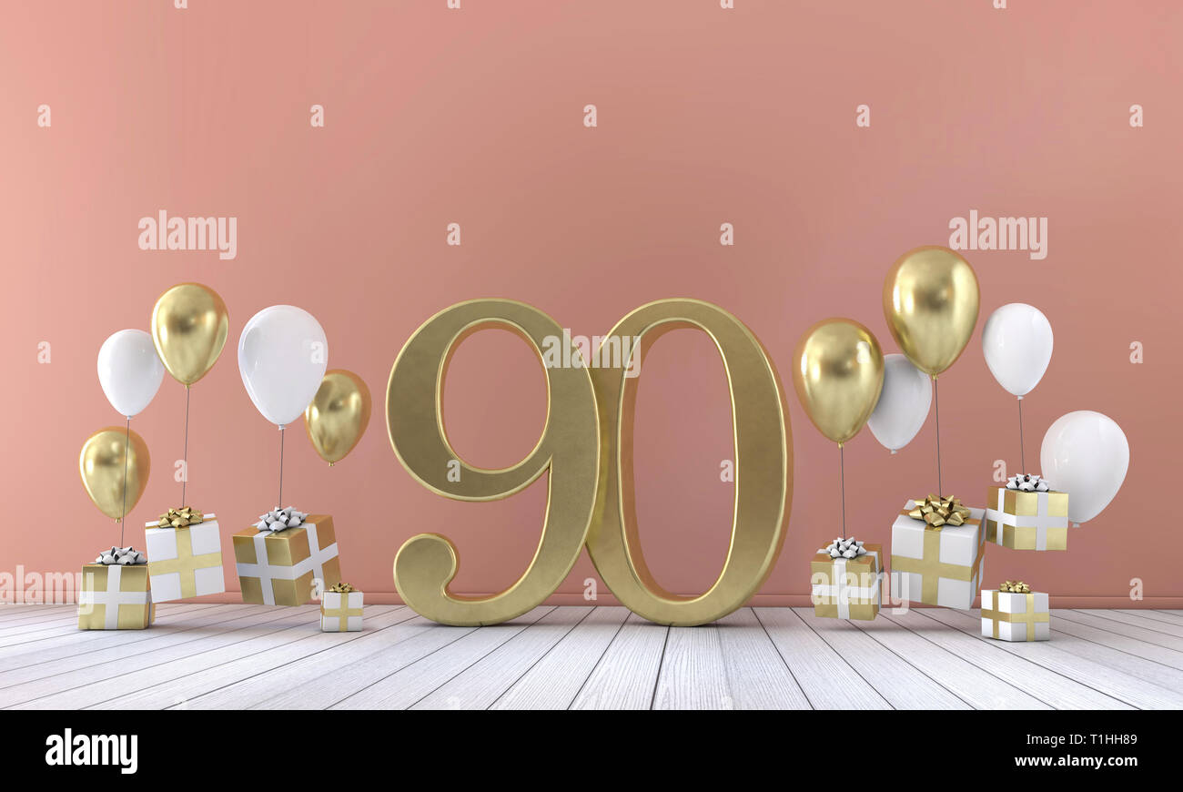 Number 90 birthday party composition with balloons and gift boxes. 3D ...