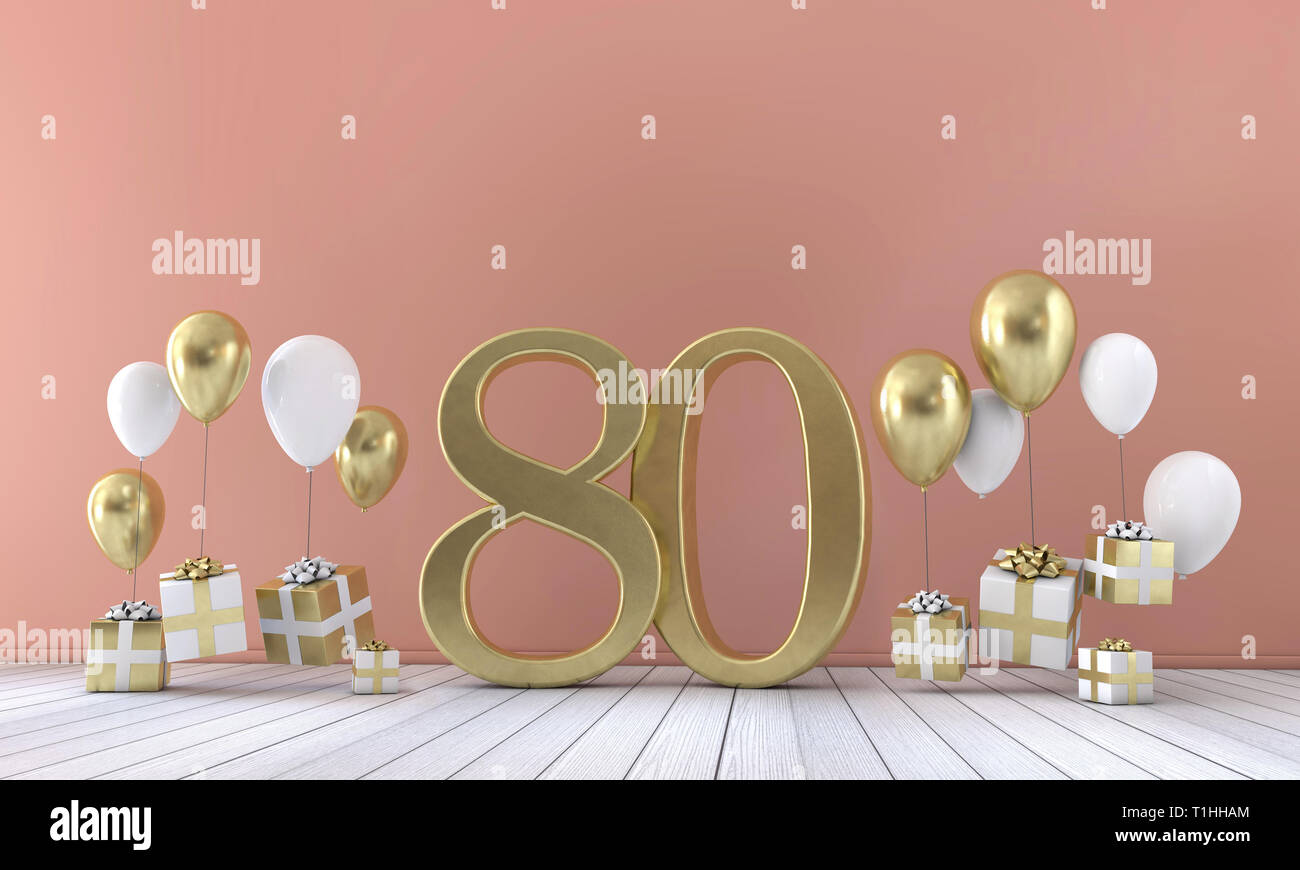 Number 80 birthday party composition with balloons and gift boxes. 3D ...