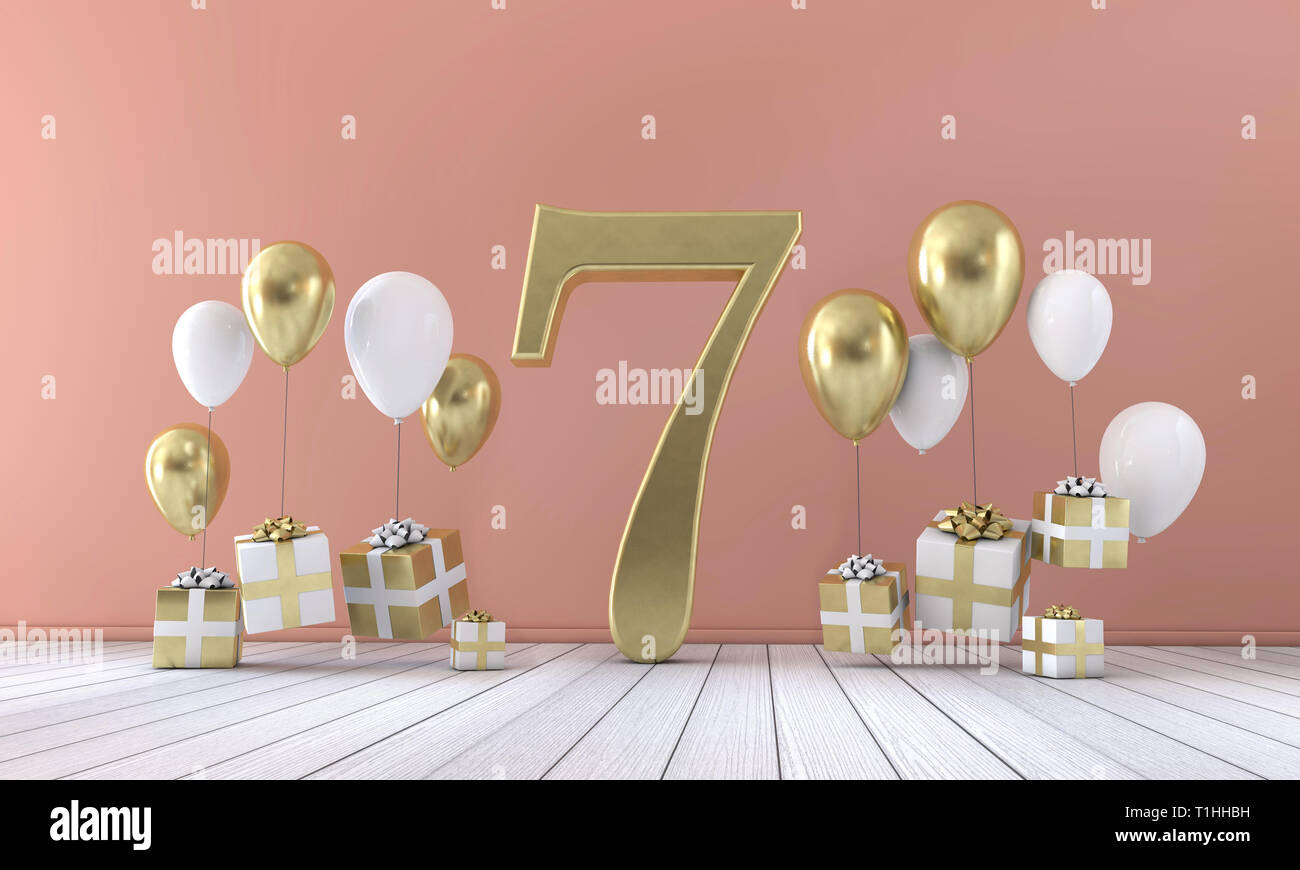 Number 7 birthday party composition with balloons and gift boxes. 3D ...