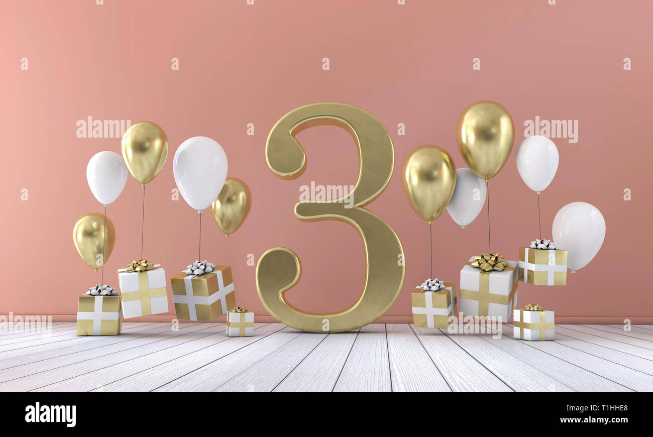 Number 3 birthday party composition with balloons and gift boxes. 3D ...