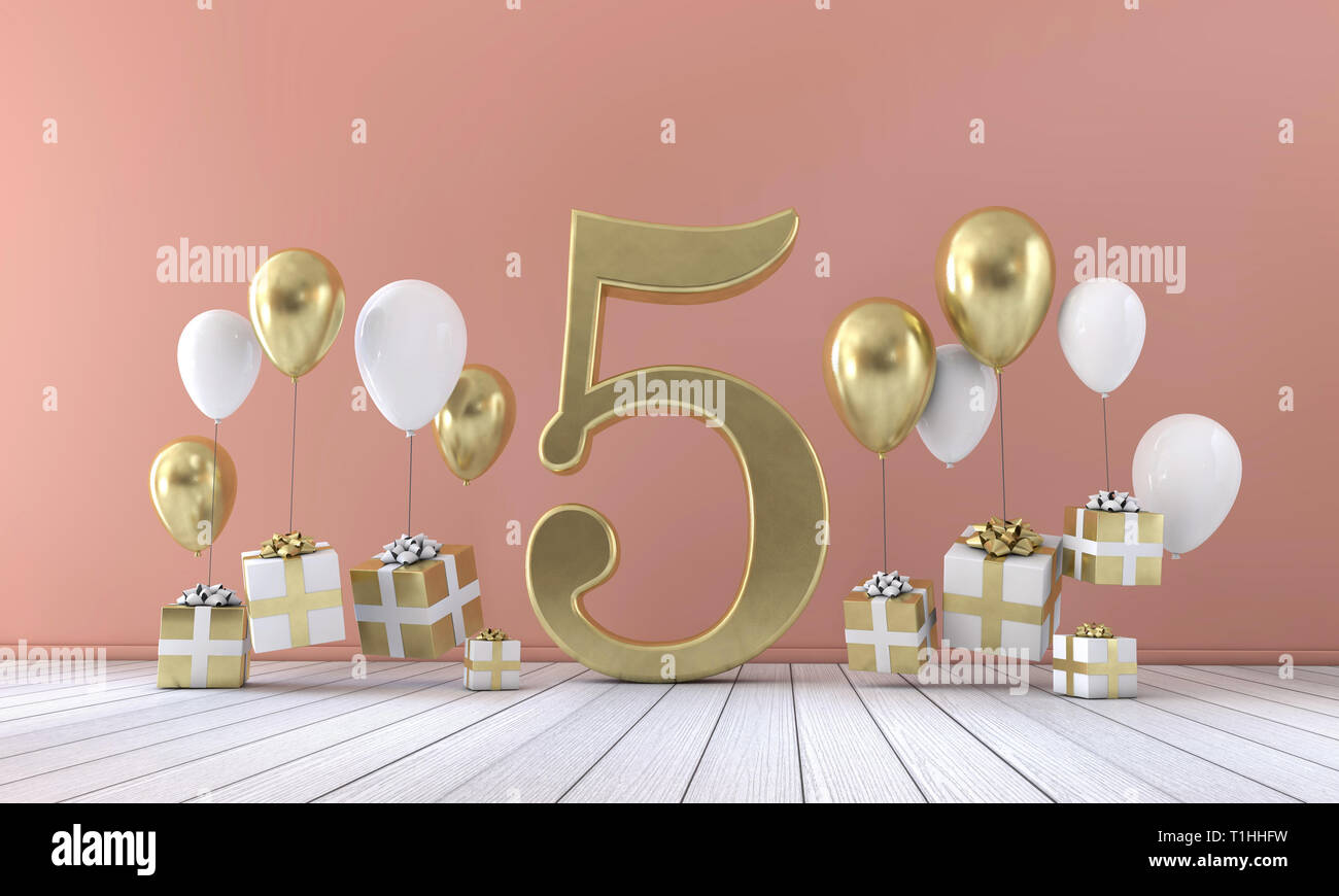 Number 5 birthday party composition with balloons and gift boxes. 3D ...