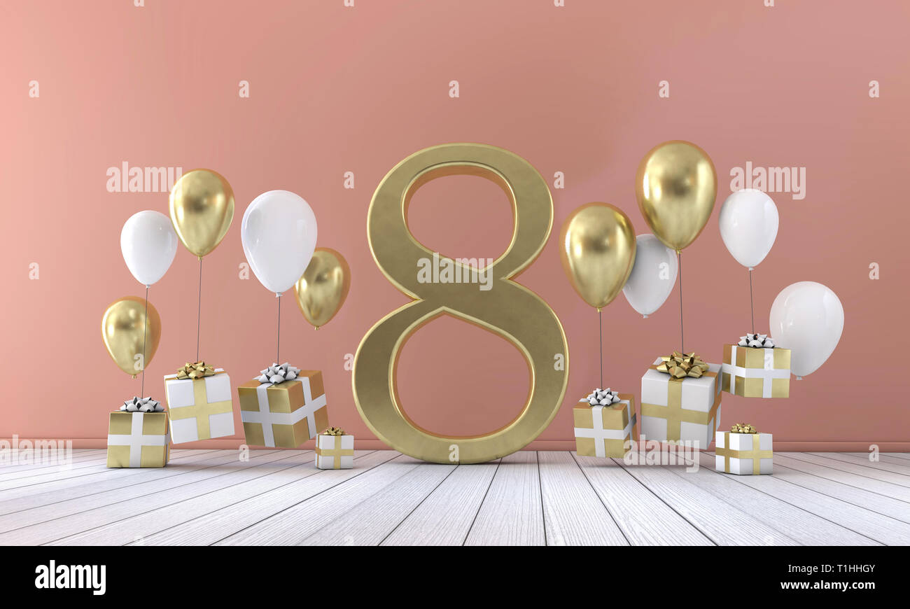 Number 8 birthday party composition with balloons and gift boxes. 3D ...