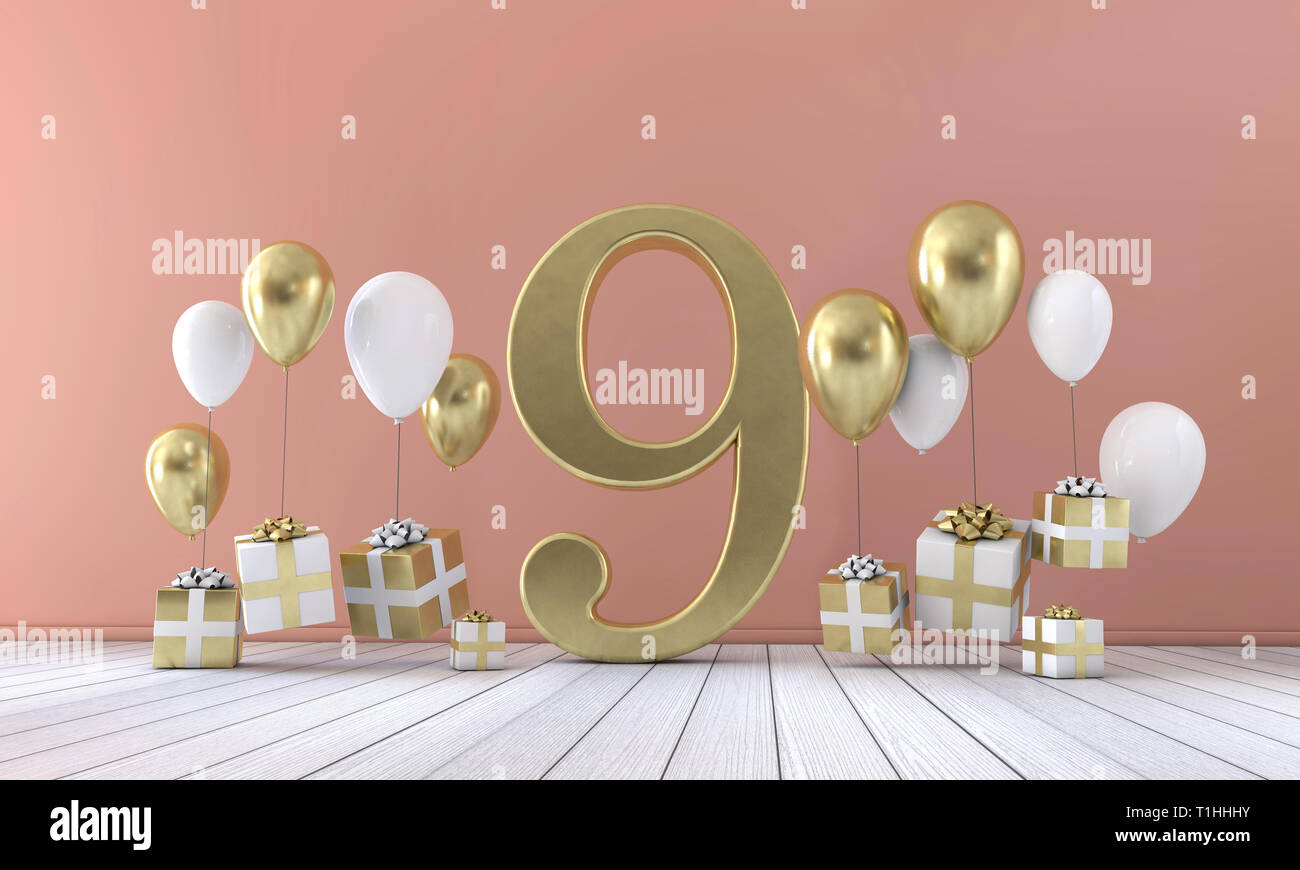 Number 9 birthday party composition with balloons and gift boxes. 3D ...