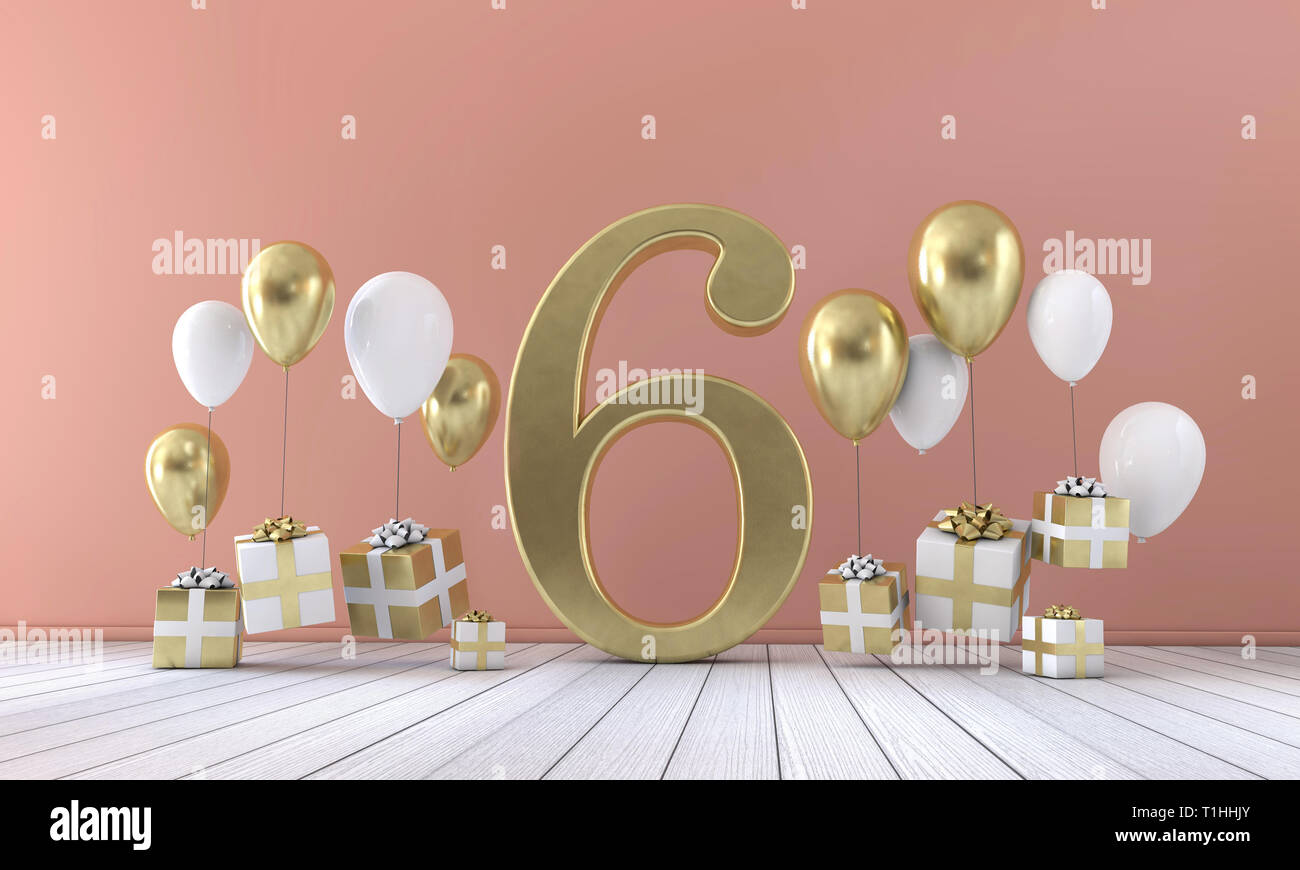 Number 6 birthday party composition with balloons and gift boxes. 3D ...