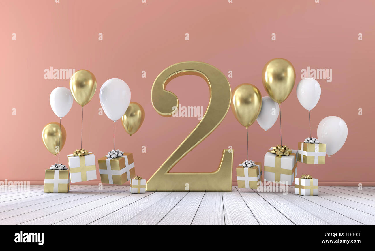 Number 2 birthday party composition with balloons and gift boxes. 3D ...