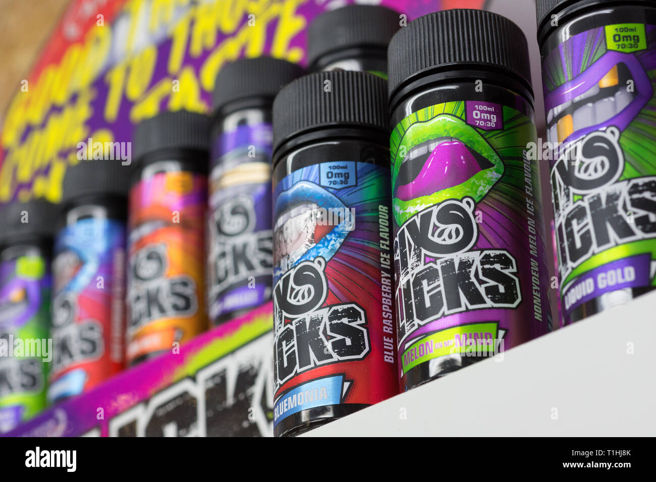Sweet flavoured e-liquid on display inside a Scottish vape shop an ...