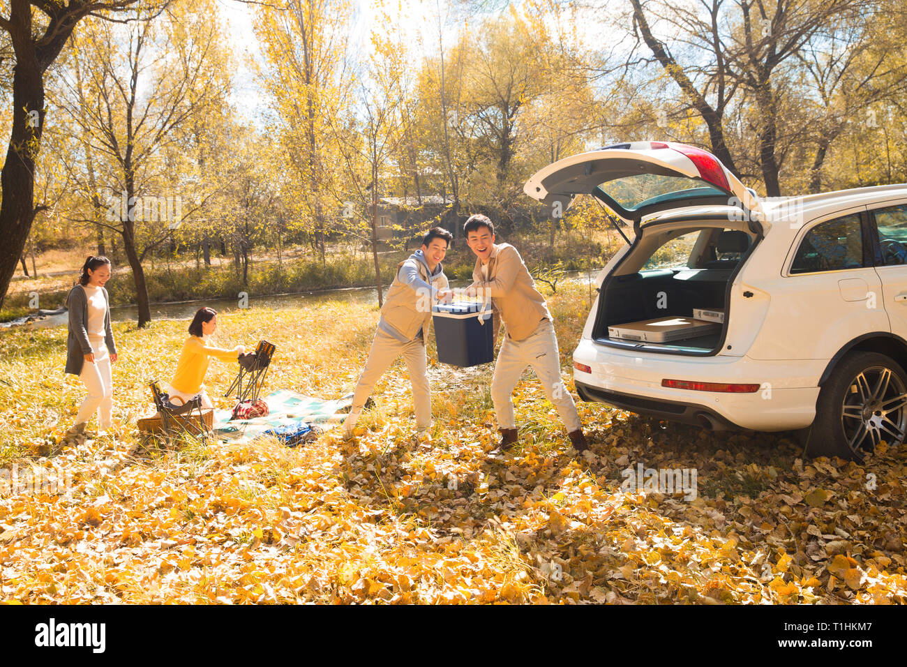 Young men and women outdoor outing Stock Photo - Alamy