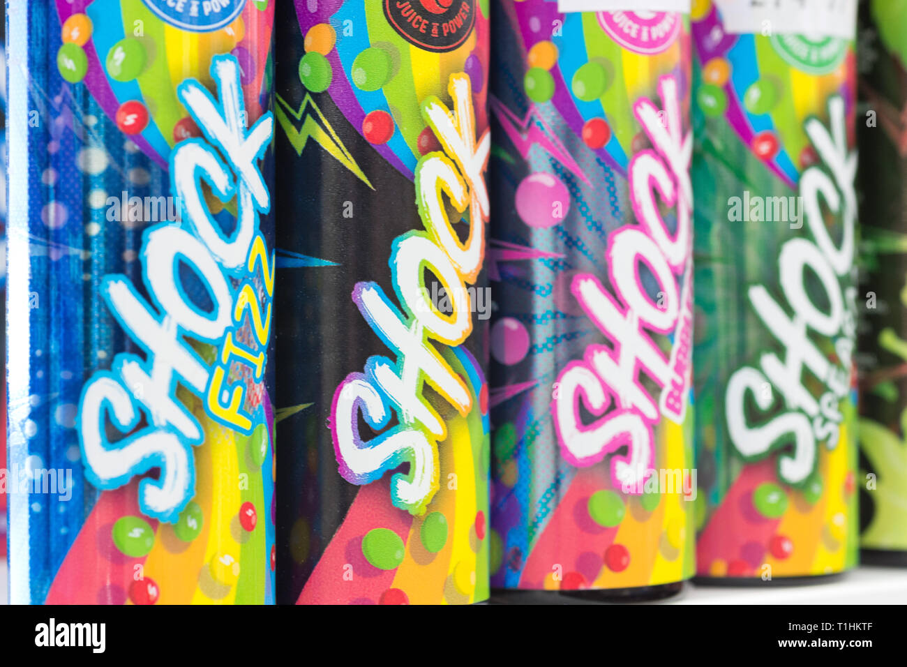 Sweet flavoured e-liquid on display inside a Scottish vape shop an ...