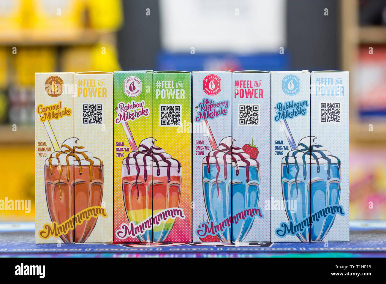 Sweet flavoured e-liquid on display inside a Scottish vape shop an ...