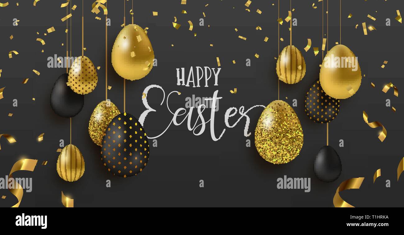 Happy Easter luxury greeting card illustration. Realistic 3d gold eggs ...