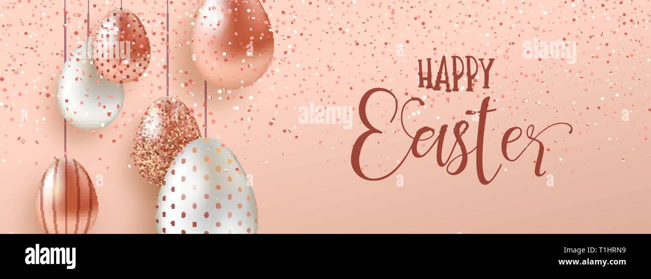 Happy Easter luxury web banner illustration. Realistic 3d pink copper ...