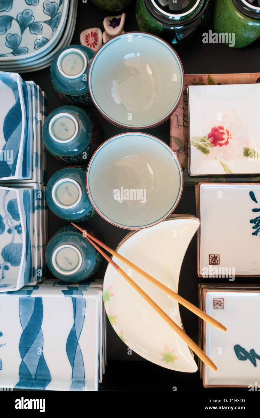 Stacked and organized Japanese plates of various shapes and sizes, USA ...