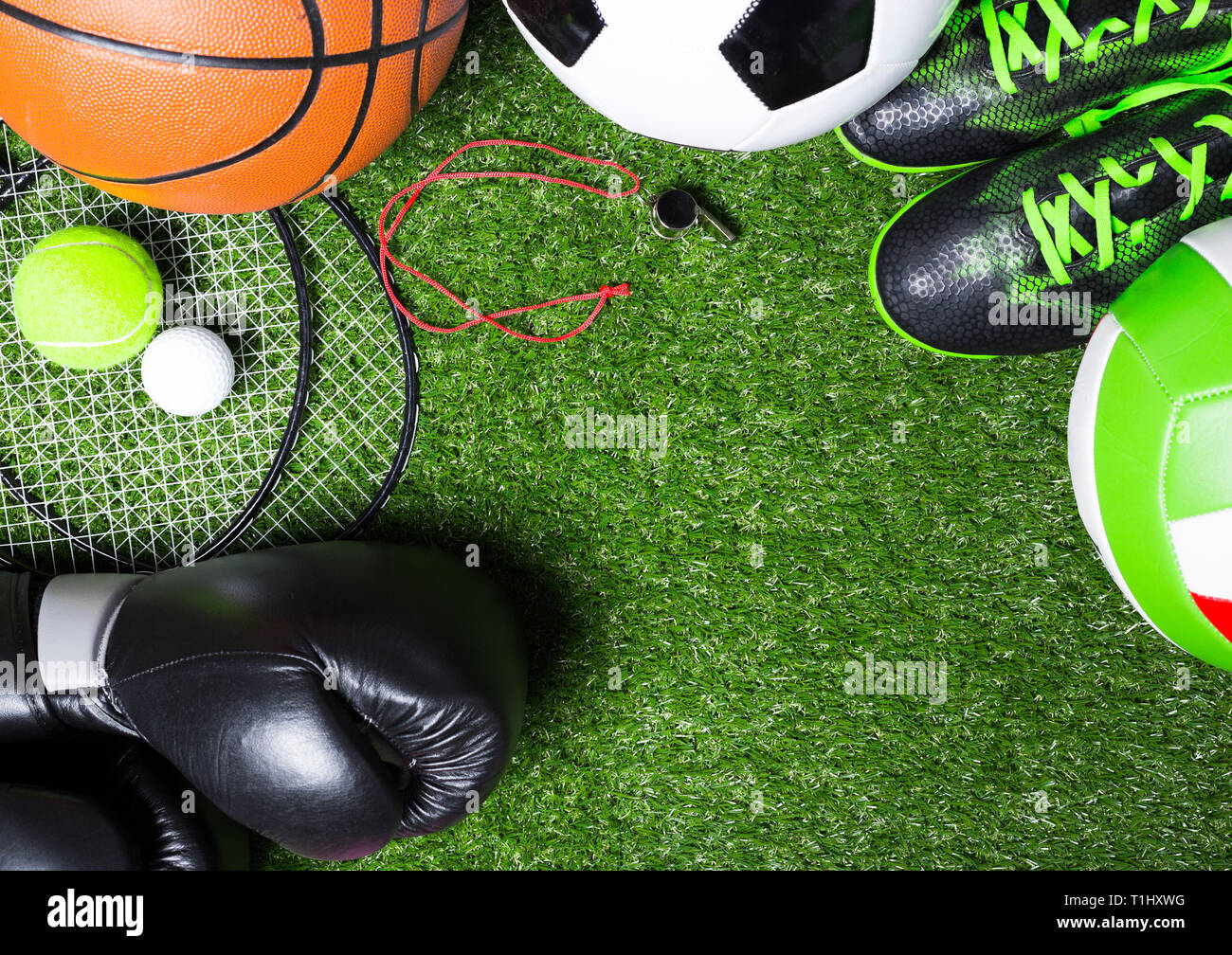 Various sport tools on grass Stock Photo - Alamy