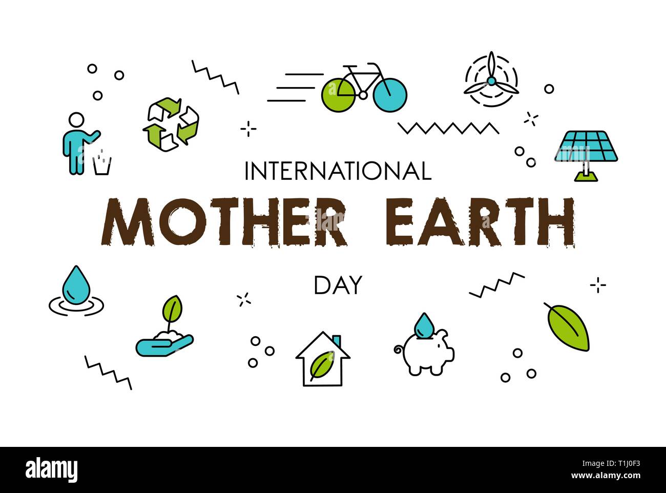 International Earth Day illustration. Green line icons and symbols for ...