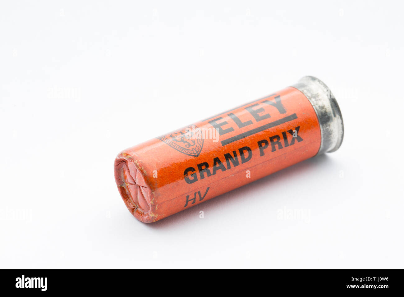 A paper case Eley Grand Prix 12 gauge, or bore, shotgun cartridge with ...