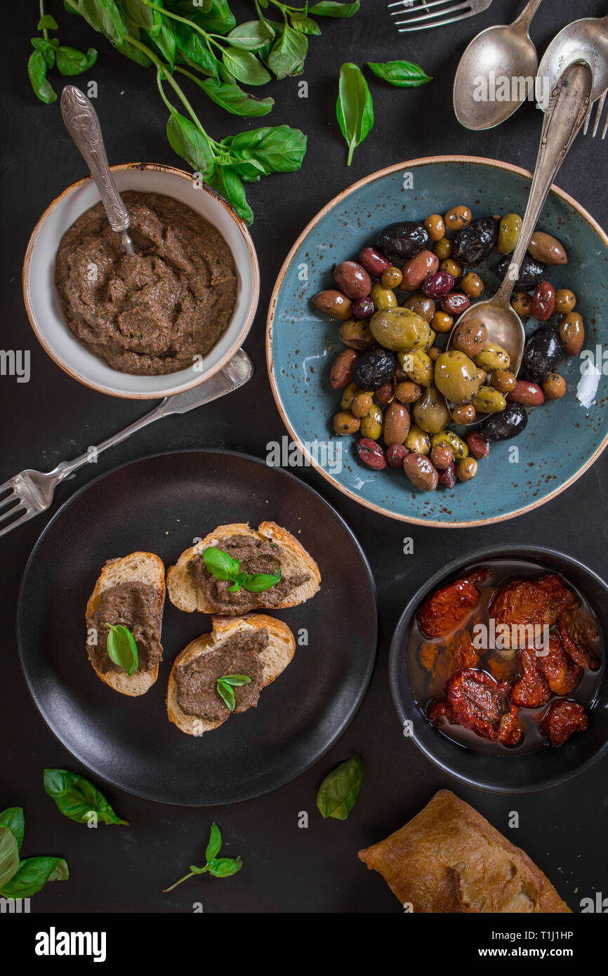 Tapenade and assorted provence snacks Stock Photo - Alamy