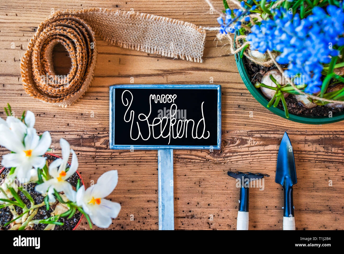 Spring Flowers, Sign, Calligraphy Happy Weekend, Wooden Background ...