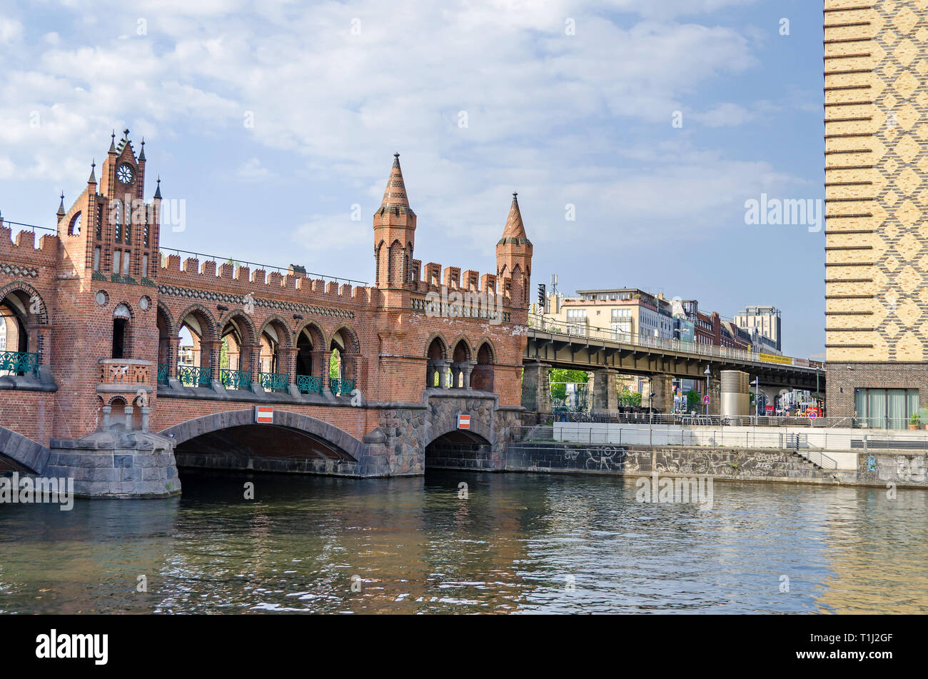 Banks of the river Spree with a part of the Brick Gothic viaduct ...