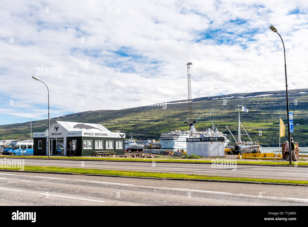 Akureyri, Iceland - June 17, 2018: Street view on large town fishing ...