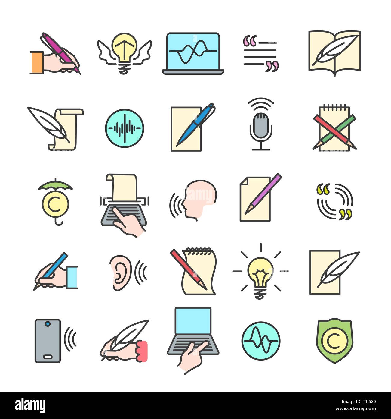 Colorful storytelling line icons. Colour articles, copywriting and ...