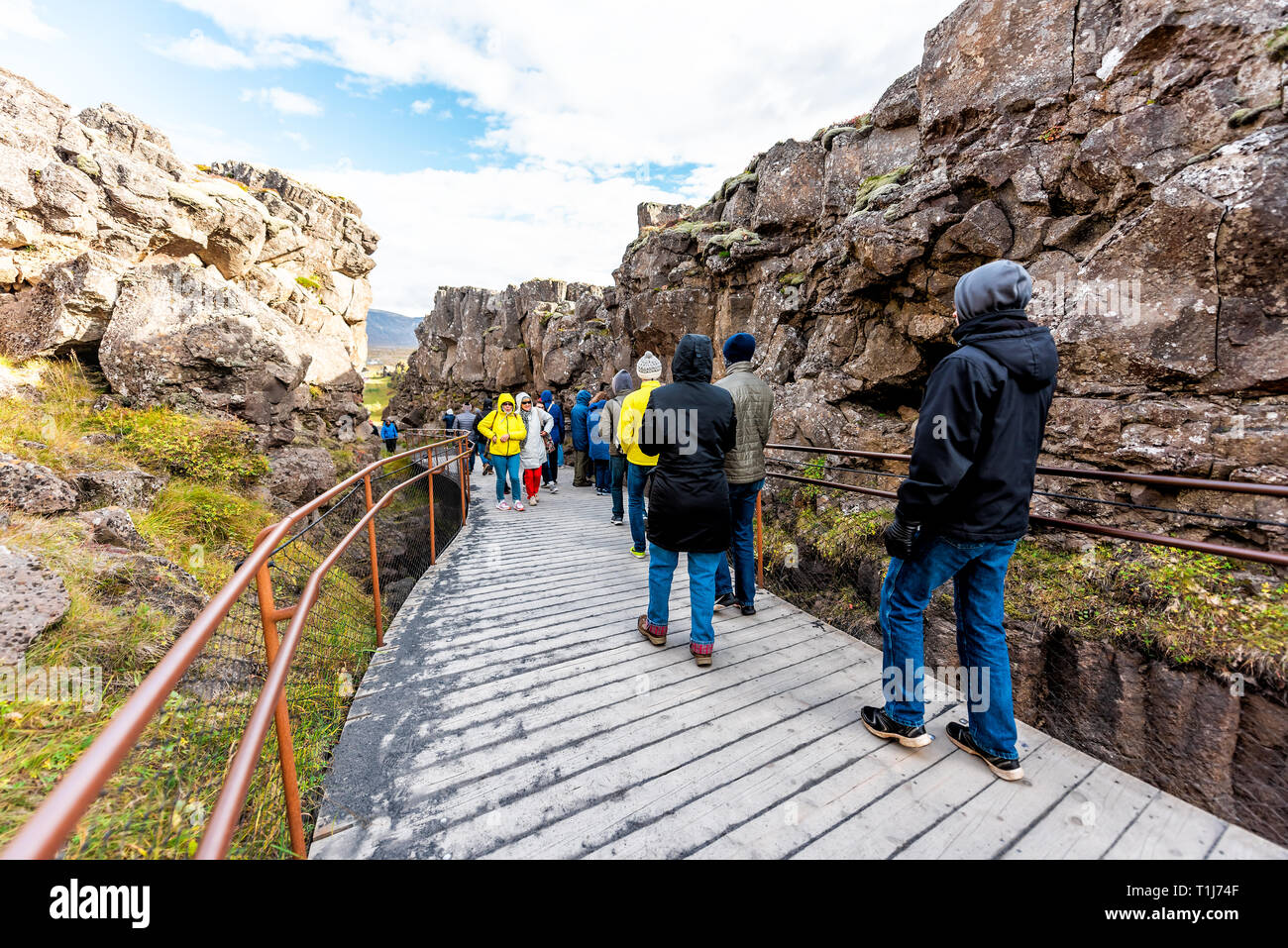 Thingvellir, Iceland - September 20, 2018: National Park people walking ...