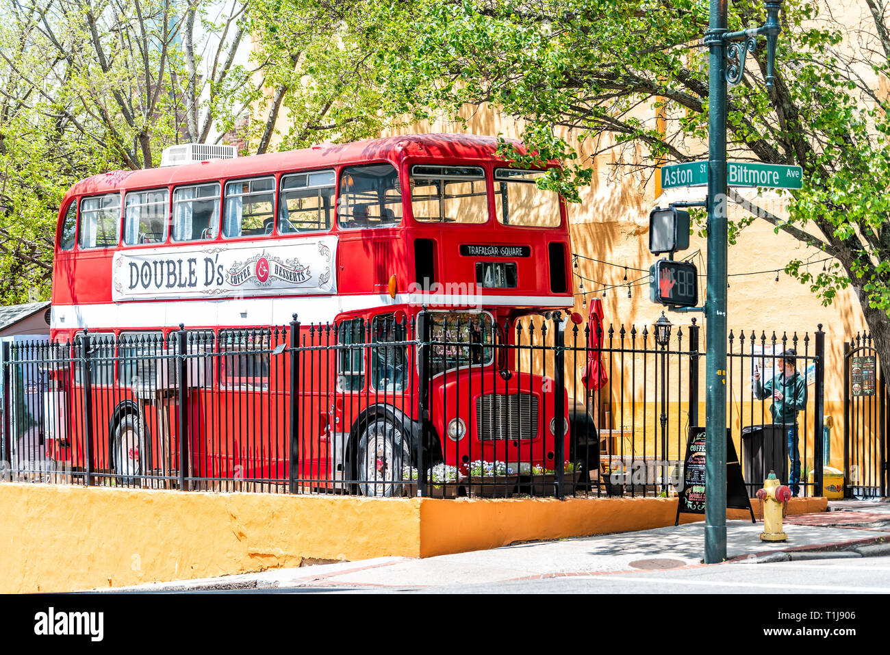 Asheville, USA - April 19, 2018: People double decker d's bus cafe ...