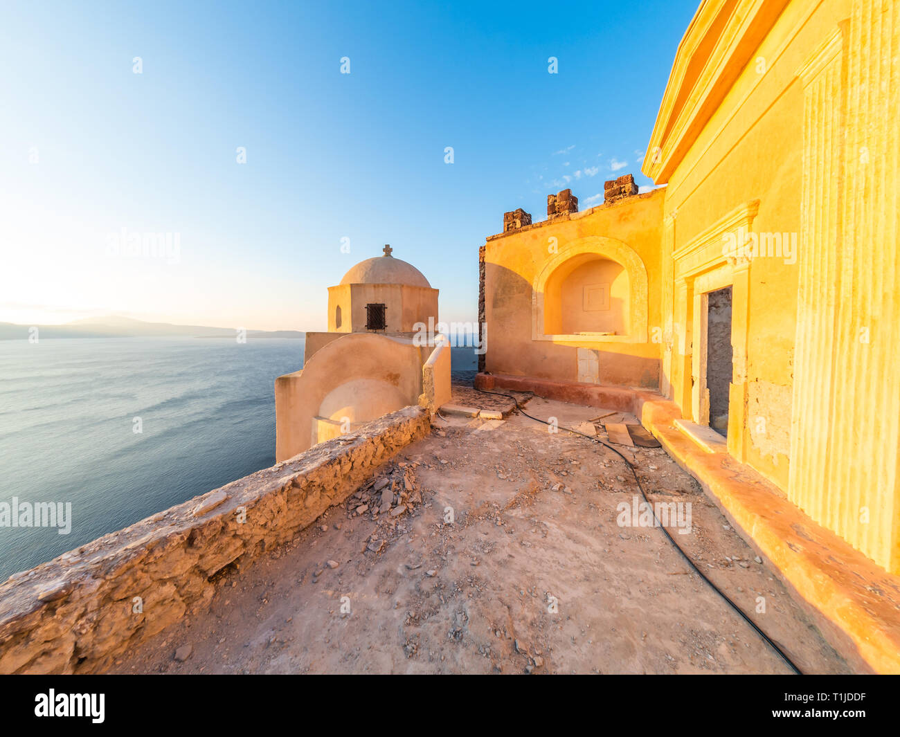 The ruins of the Venetian castle in Oia Santorini Greece Stock Photo ...