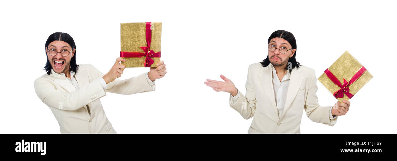Man with giftbox isolated on white Stock Photo - Alamy