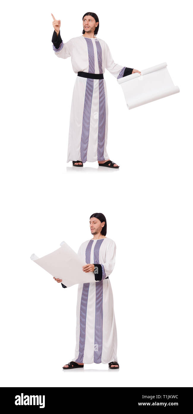 Arab man with white paper isolated on white Stock Photo - Alamy