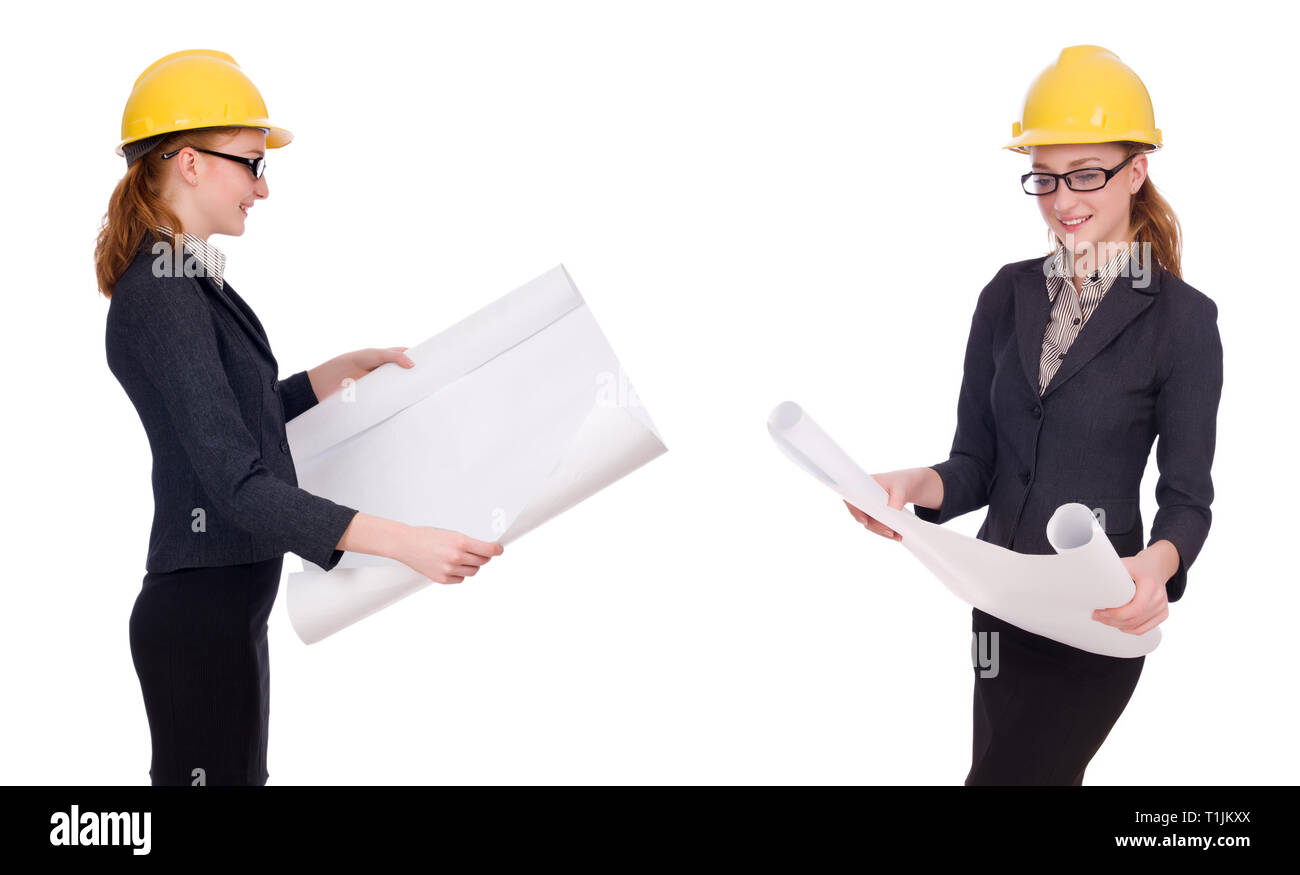 Female architect with blueprint isolated in white Stock Photo - Alamy