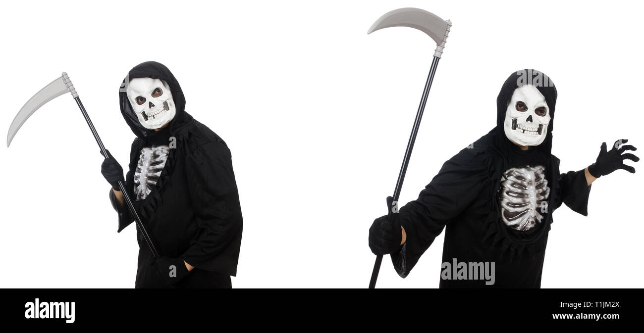 Scary monster with scythe isolated on white Stock Photo - Alamy