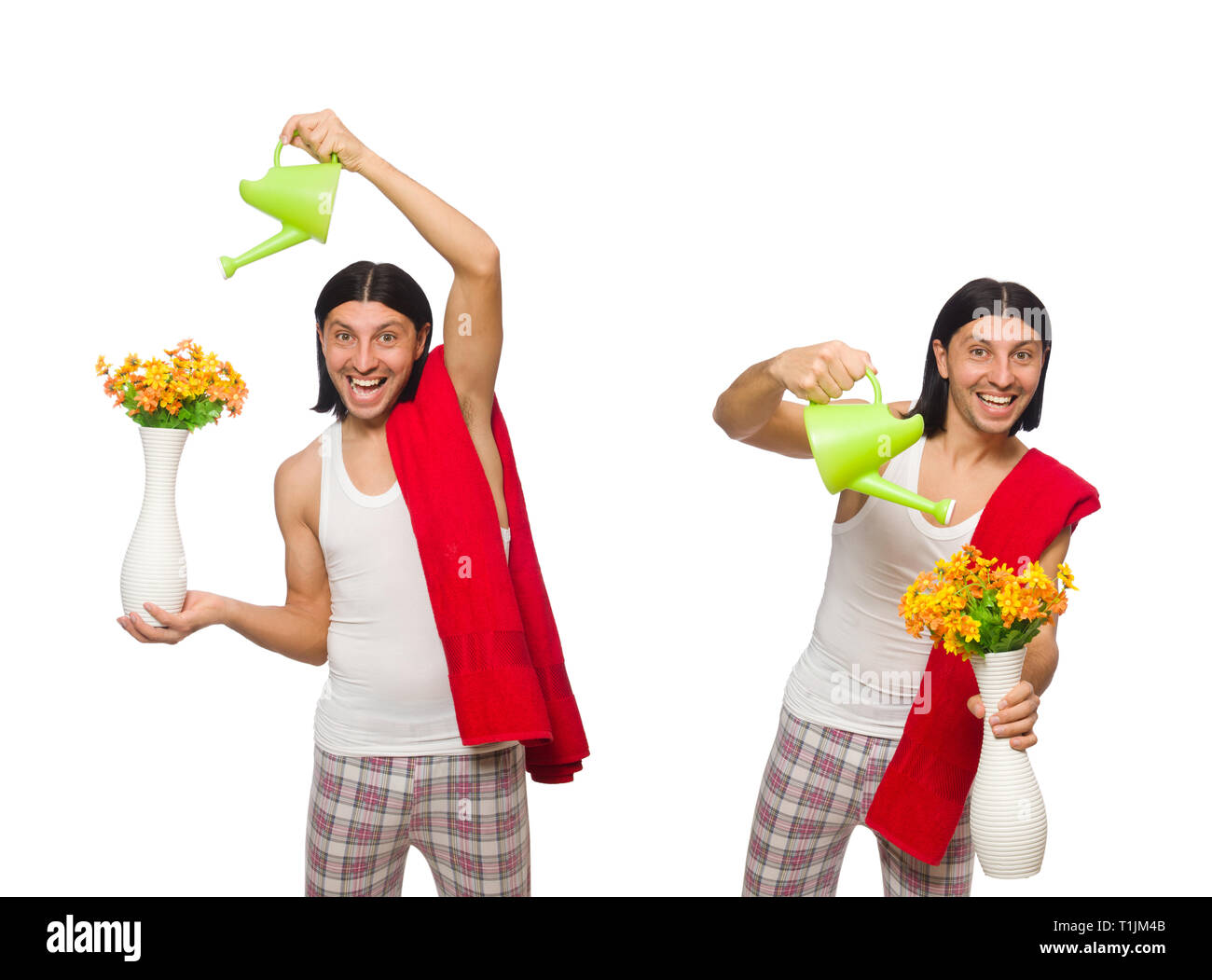 Young man watering flowers isolated on white Stock Photo - Alamy