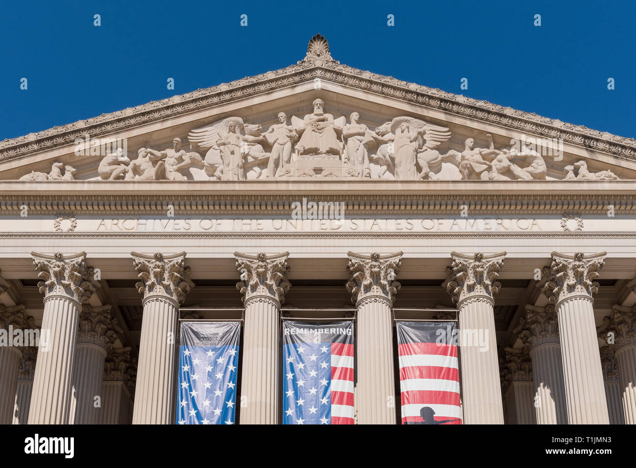 National Archives, Washington DC, USA. View of intricately carved ...