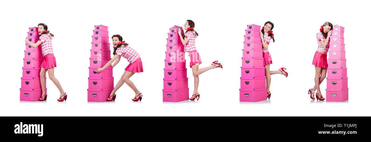 Young woman with storage boxes on white Stock Photo - Alamy