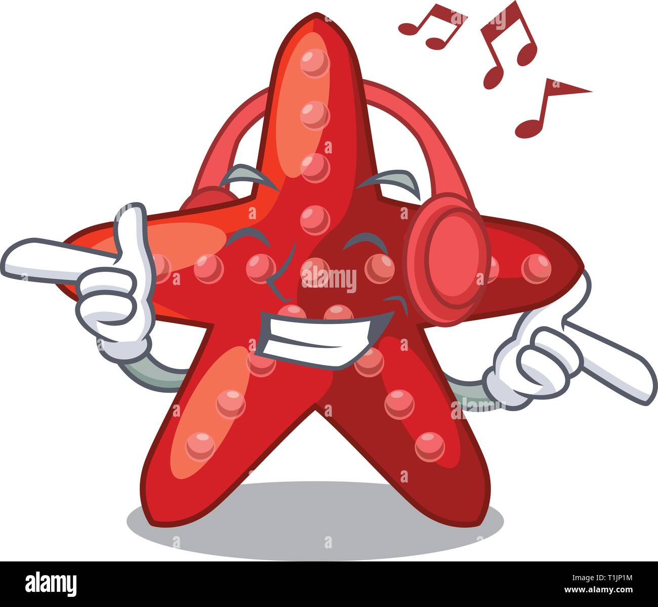 Listening music red starfish in the cartoon shape vector illustration ...
