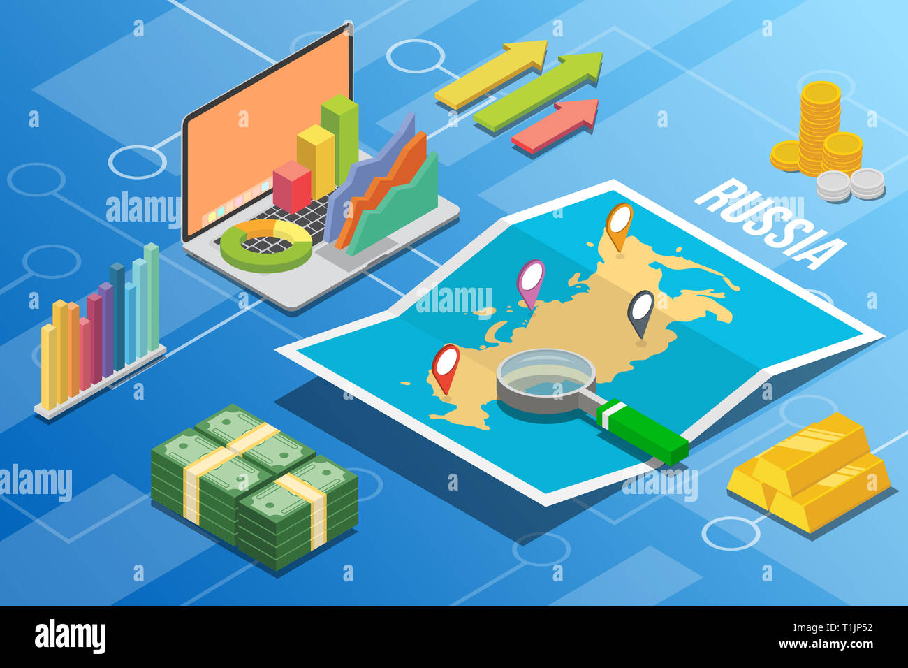 russia federation isometric business economy growth country with map ...