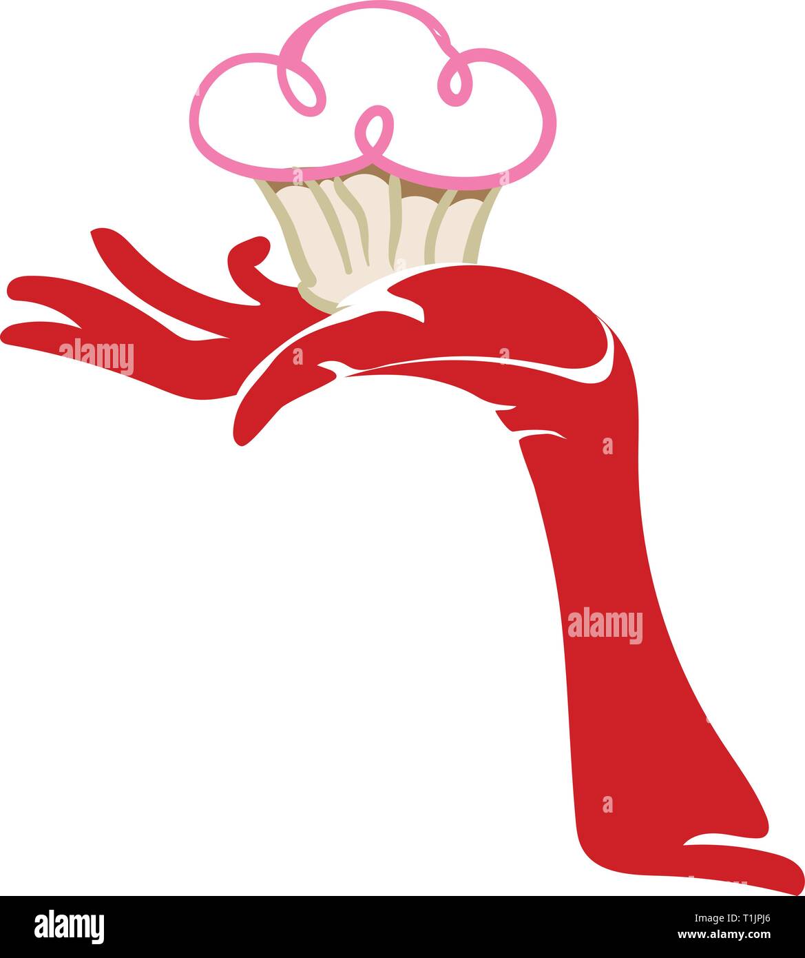Long, slender,,red devils hand holding & displaying a fluffy cup cake ...