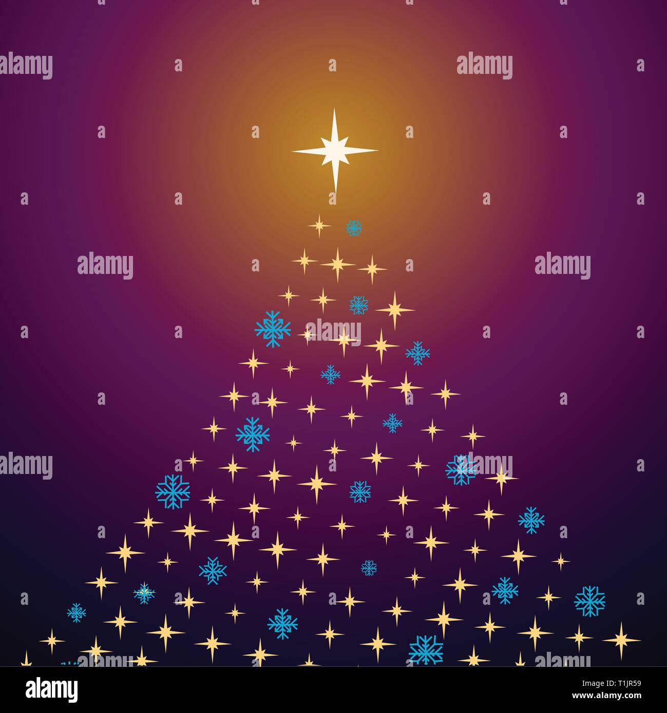Christmas tree made of stars & snowflakes with a bright star glowing ...