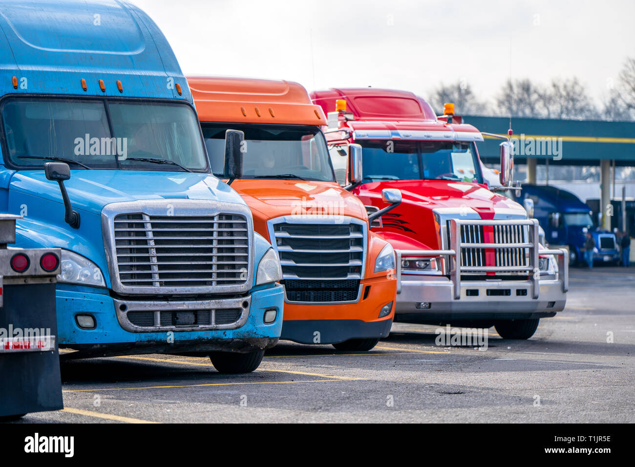 Different bonnet makes and models of professional big rigs semi trucks ...