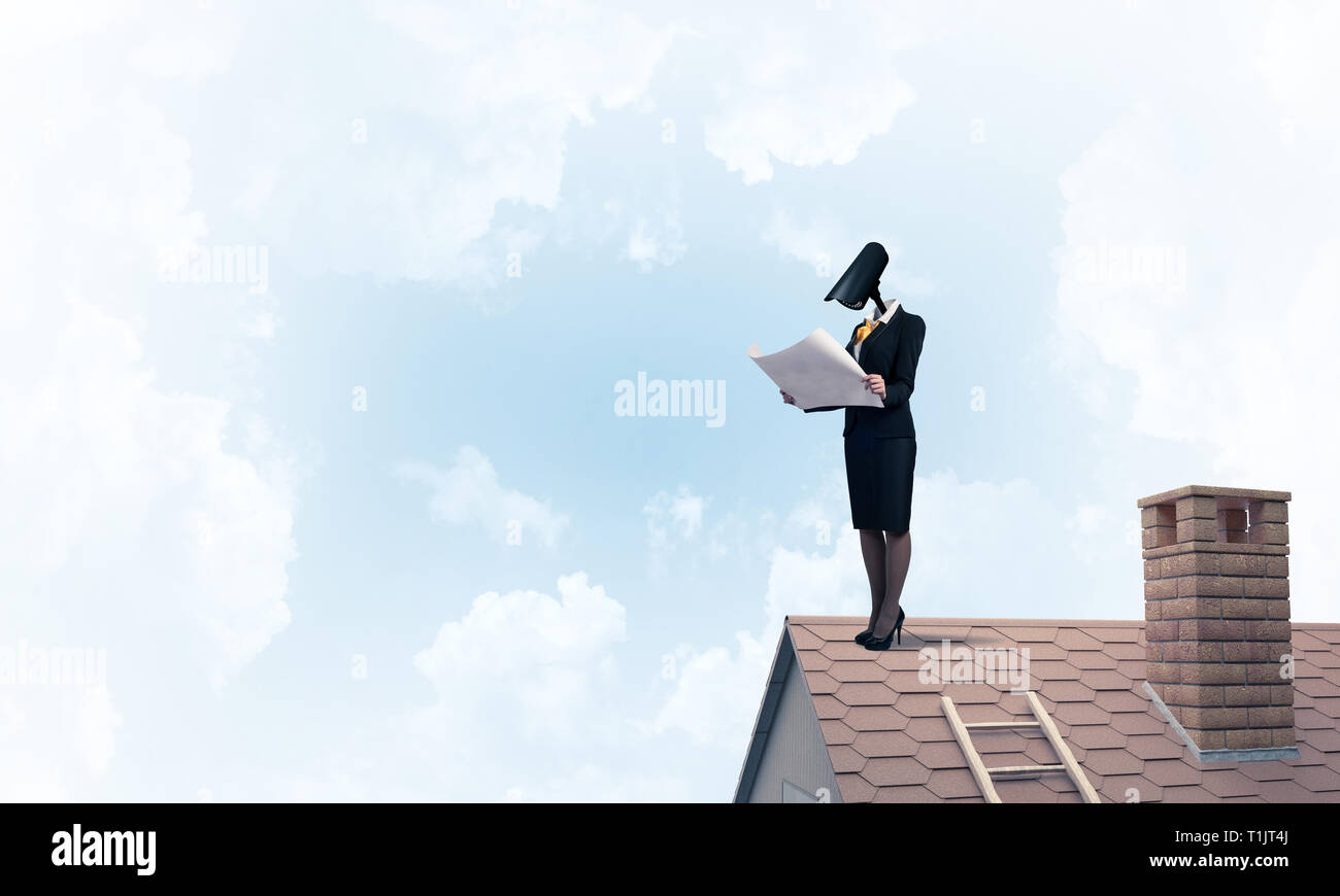 Concept of security and privacy protection with camera headed woman ...