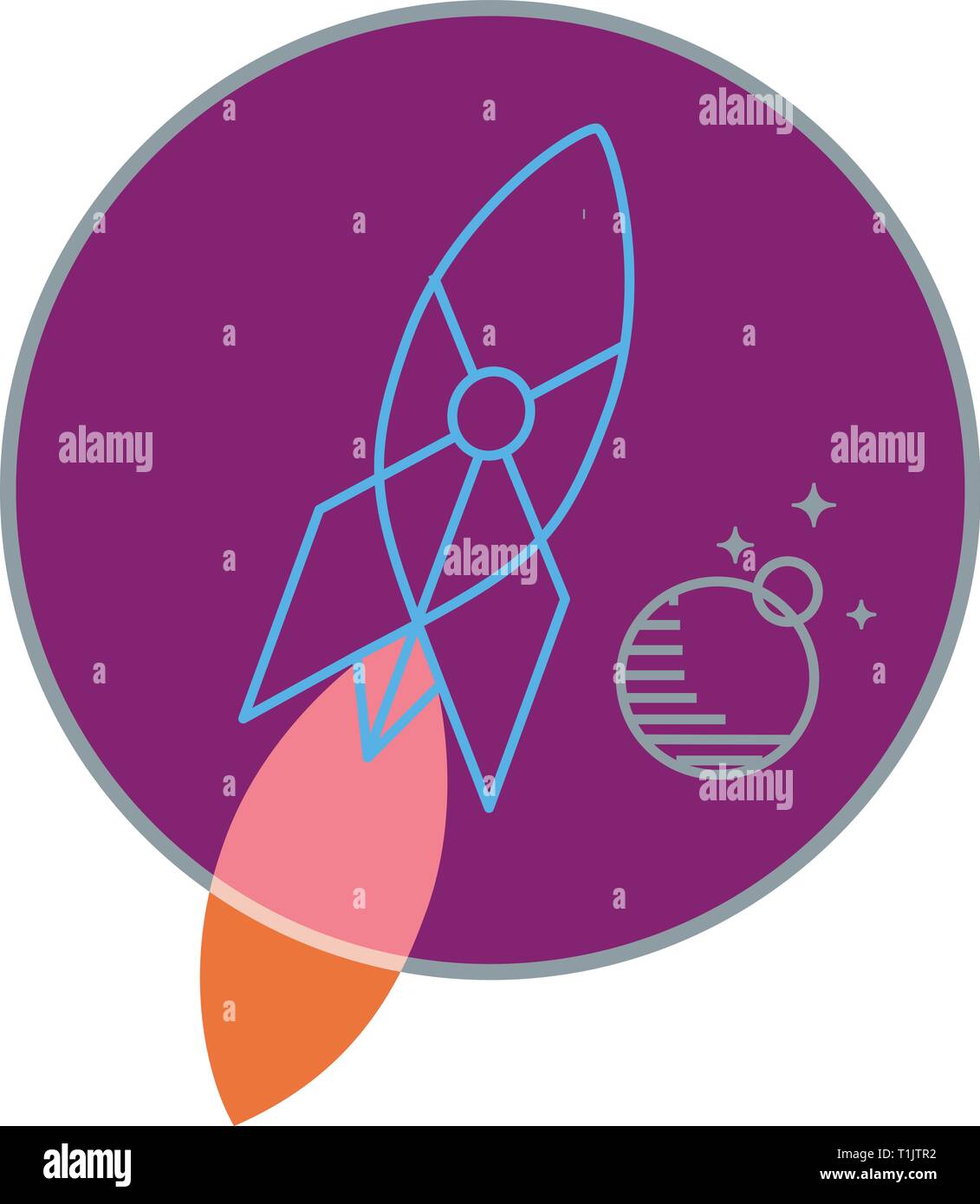 Line rocket flying past a circle with a line work planet & stars behind ...