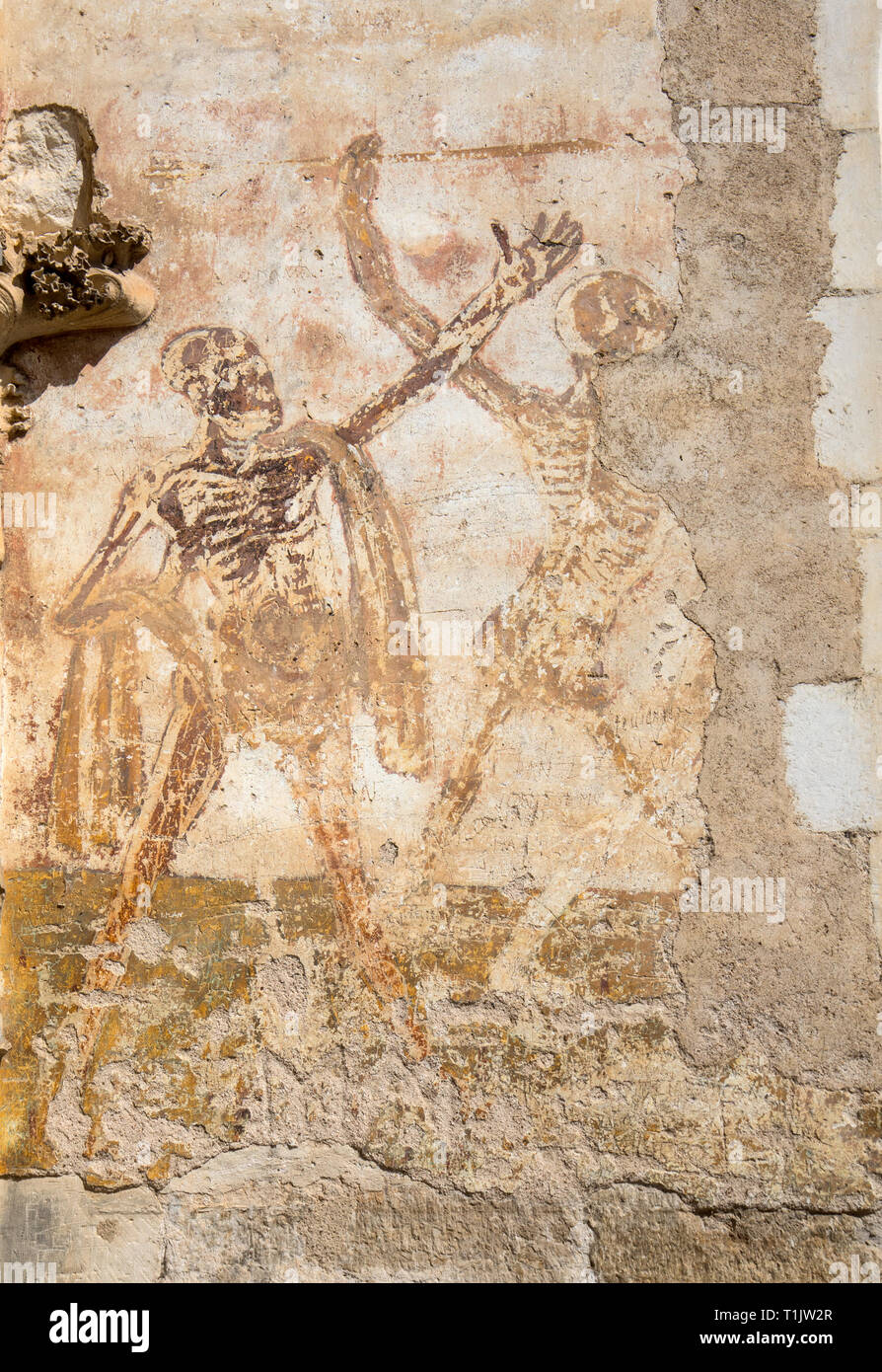 A 13th century a fresco skeleton dance on the outside wall of Basilica ...